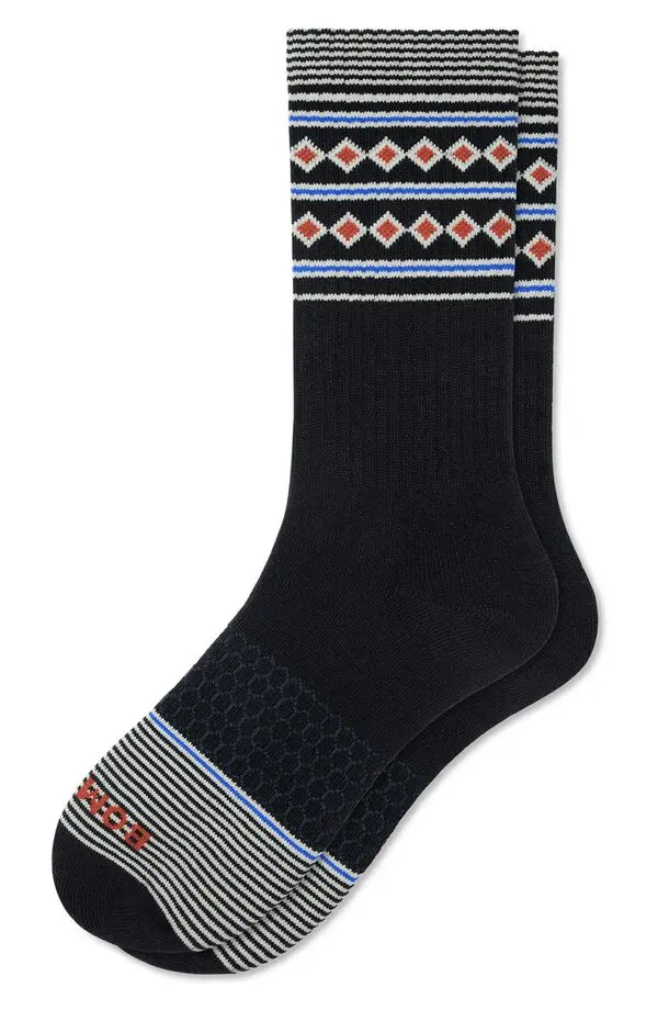 BOMBAS Fair Isle Stripe Crew Socks - Black | Editorialist