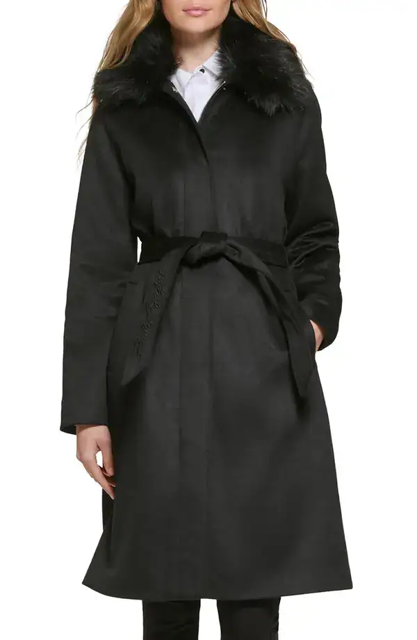 Karl Lagerfeld Black Wool Coat With Faux Fur Collar Fur Collar
