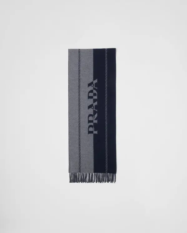 Prada Small Wool Scarf With Jacquard Logo - Grey/blue