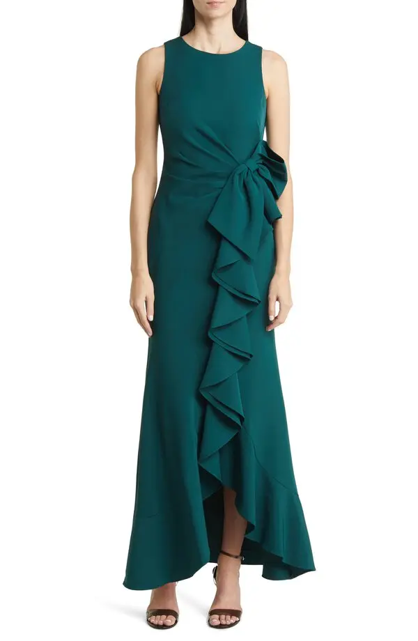 Eliza J Ruffle Gown Eliza J Women's Purple Petite Off Shoulder Pleated  Ruffle Gown