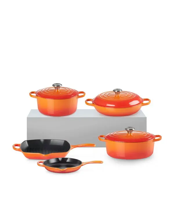 LE CREUSET Set Of 5 Cast Iron Casserole Dishes And Skillets - Orange