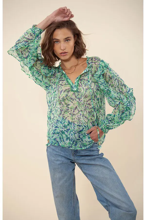 Hale Bob Donna Beaded Silk Top - Green