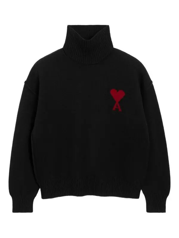 Ami Funnel-neck Sweater With Heart Motif - Black