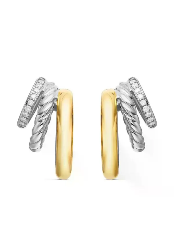 David Yurman 18kt Yellow Gold And Sterling Diamond Hoop Earrings - Silver
