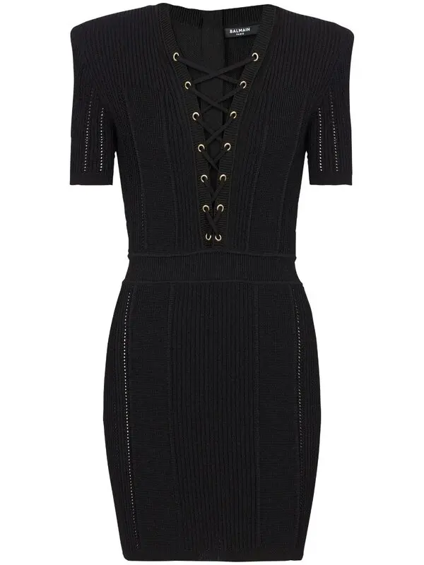 Balmain V-neck Lace-up Minidress