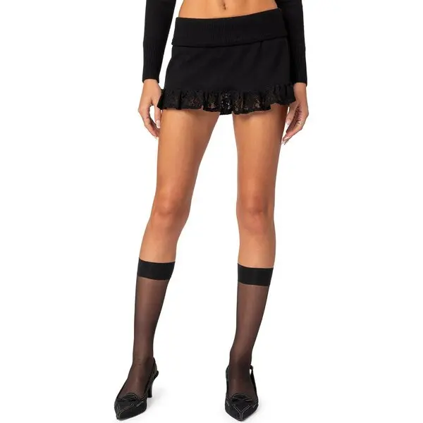 EDIKTED Lace Ruffle Trim Mini Skirt