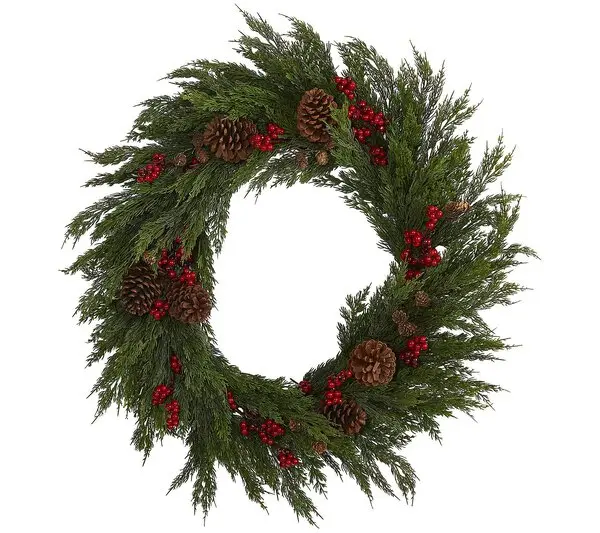 NEARLY NATURAL 32-in Cypress W/berries & Pine Cones Wreath