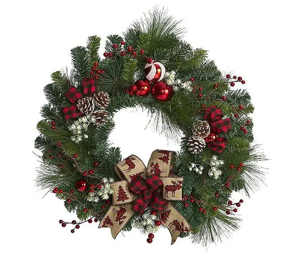 NEARLY NATURAL 15-in Holiday Wreath W/pine Cone & Ornaments