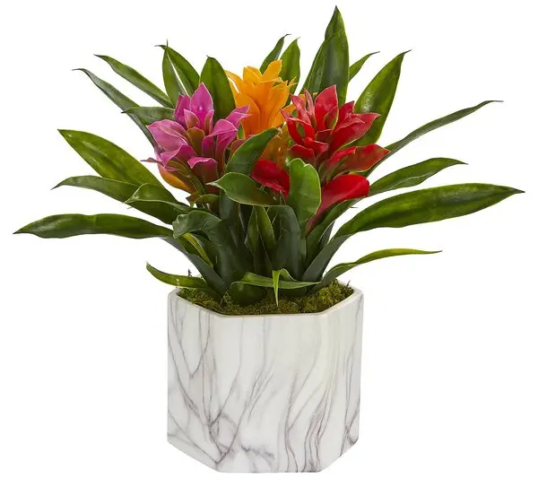 NEARLY NATURAL 11' Bromeliad In Marble Finished Vase By
