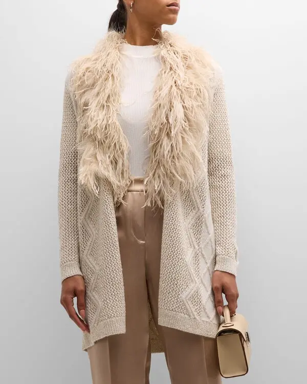 Buy Neiman Marcus Cashmere Cable-knit Cardigan With Feather Trim - Bone ...