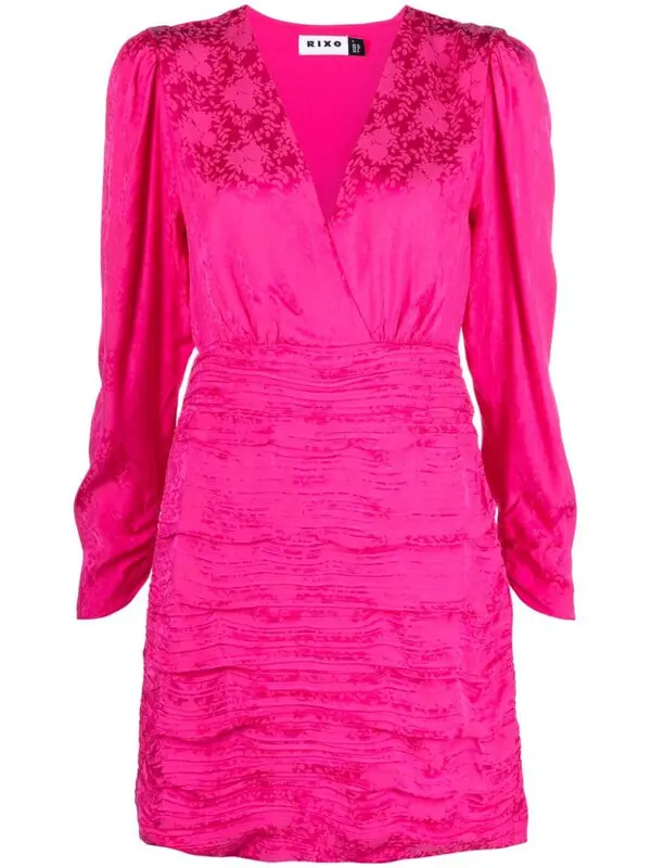 Rixo V-neck Satin Jacquard Mini Dress - Pink