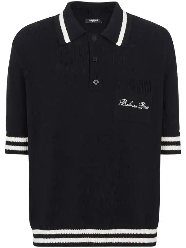 Balmain Logo-Embroidered Striped Polo Shirt Black Editorialist
