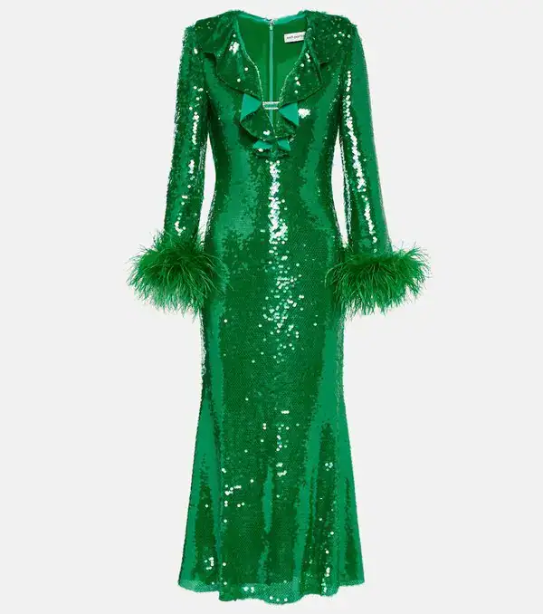 self portrait sequin feather dress Feather-trimmed sequined gown in purple - Self Portrait
