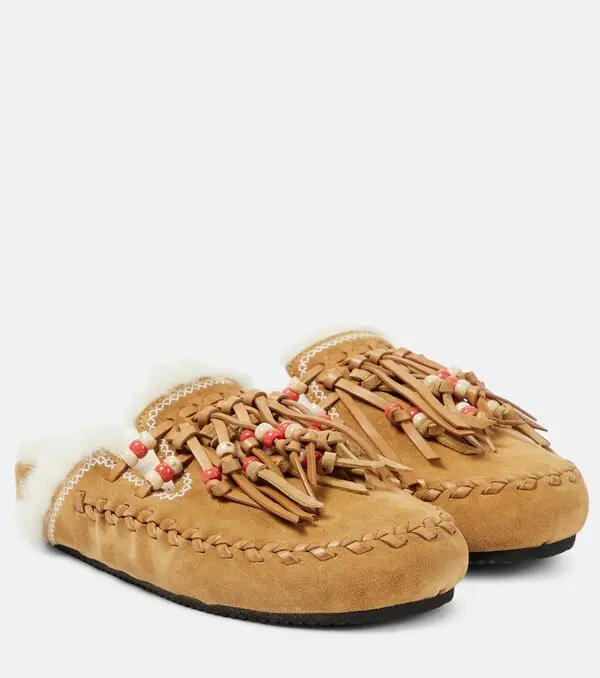 Alanui Journey Faux Fur-trimmed Suede Mules - Brown