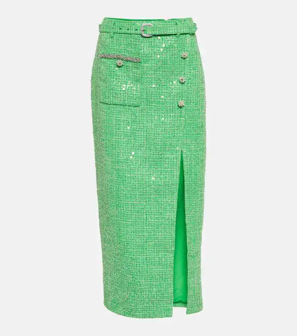 Self-Portrait Sequined Embellished Bouclé Midi Skirt In Green 30