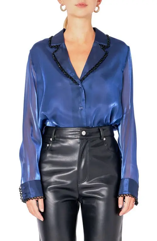 Endless Rose Beaded Organza Sleeve Shirt - Navy