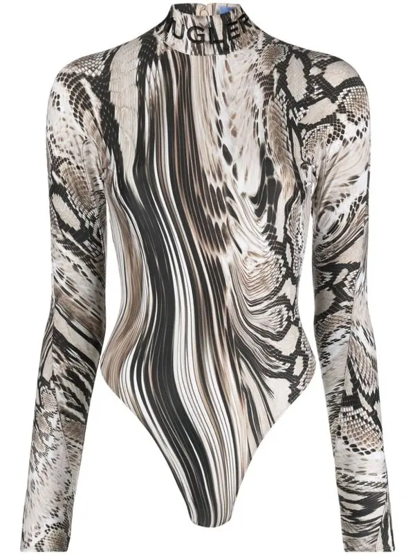 MUGLER Warped Snakeskin-print Bodysuit