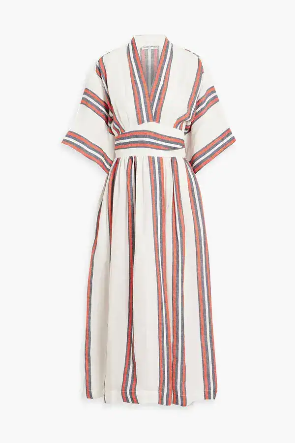 Three Graces London Charita Striped Linen Midi Wrap Dress In Red - 70% Off  | Editorialist
