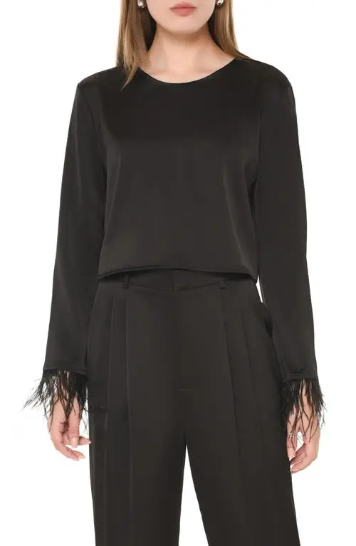 WAYF Feather Cuff Satin Top - Black