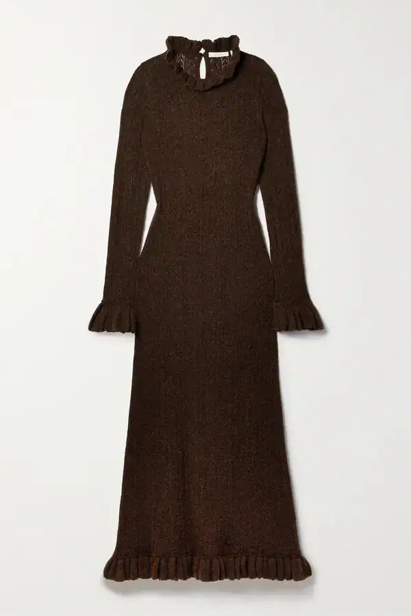 ruffled pointelle knit dress DôEn Estella Pointelle-Knit Alpaca-Blend Midi In Brown - 30% Off Cela