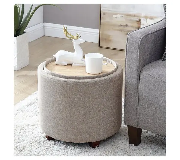 ORNAVO HOME Lawrence Round Storage Ottoman Wit Tray Lid