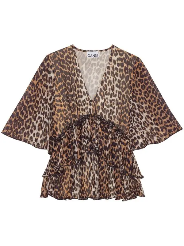 GANNI Leopard-print V-neck Blouse - Brown