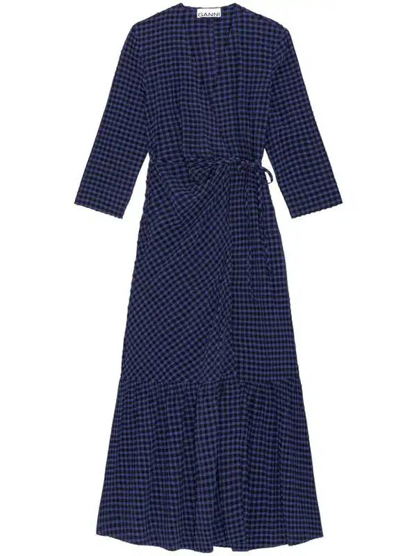 ganni blue check dress Seersucker Check V-Neck Mini Dress