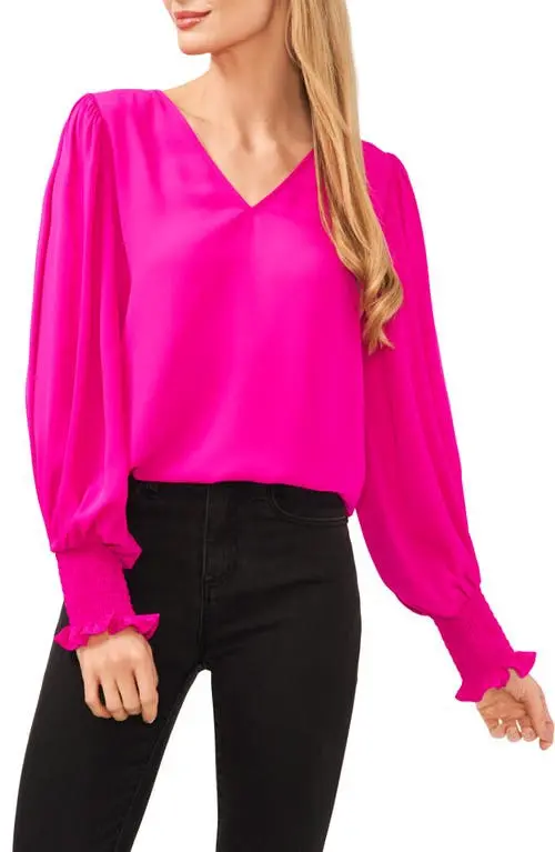 CECE DUPRAZ Smocked Cuff V-neck Top - Fiercely Fuchsia