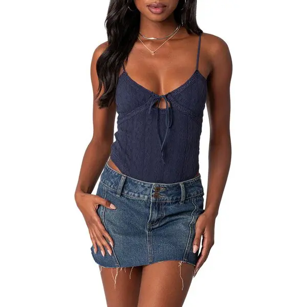 EDIKTED Lacey Keyhole Knit Bodysuit - Navy