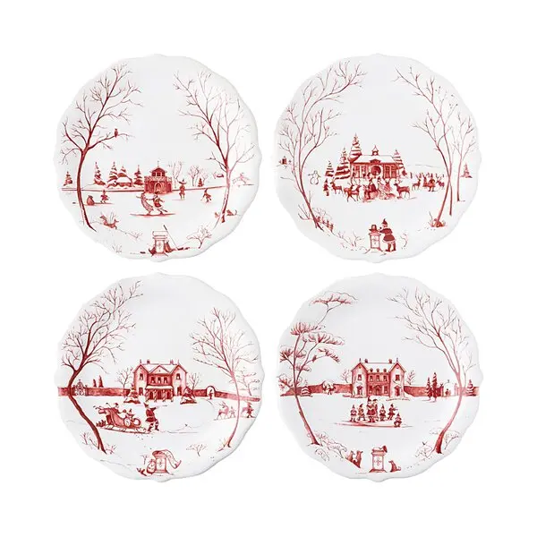 JULISKA Country Estate Winter Frolic Mr. & Mrs. Claus Party Plates Set Of 4 - Ruby