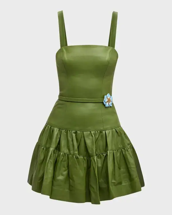 Oscar De La Renta Calfskin Leather Tiered Mini Dress Olive