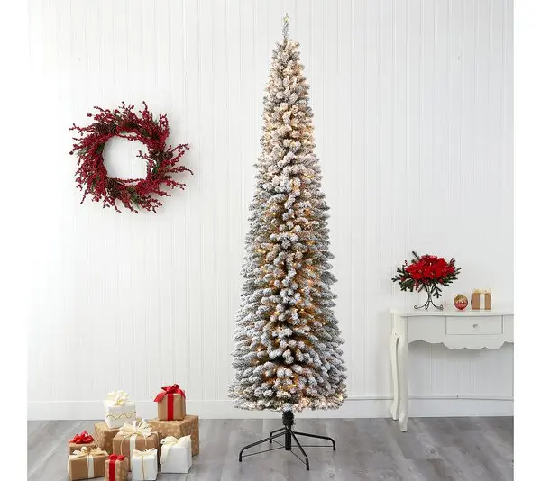 NEARLY NATURAL 9' Flocked Pencil Faux Christmas Tree W/ Lights