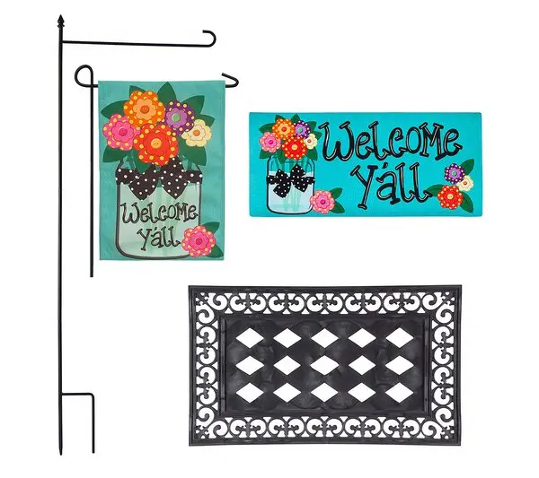 EVERGREEN Welcome Y'all Burlap Garden Flag & Sa Safras Mat Set