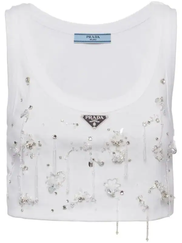 Prada Crystal-Embroidered Ribbed Tank Top - White | Editorialist