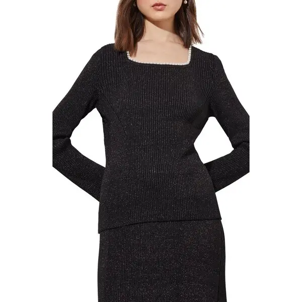 Ming Wang Imitation Pearl Collar Shimmer Rib Sweater