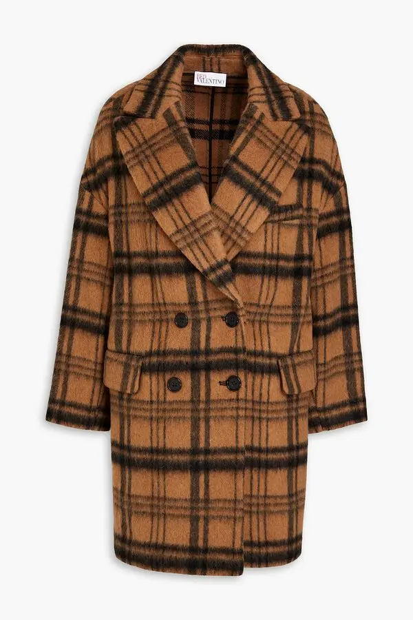 Red Valentino Double-breasted Checked Brushed Wool-blend Felt Coat - Camel