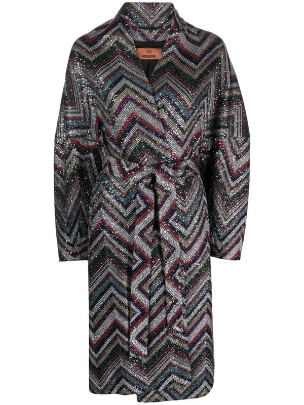 Missoni Zigzag Sequin-embellished Belted Coat - Green