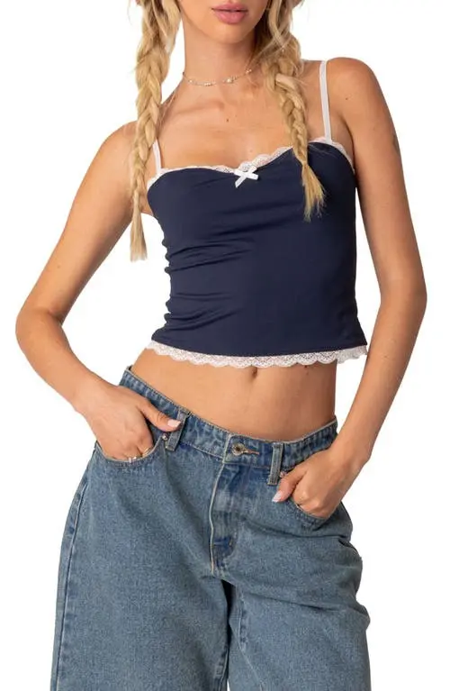 EDIKTED Alara Lace Trim Crop Camisole - Navy