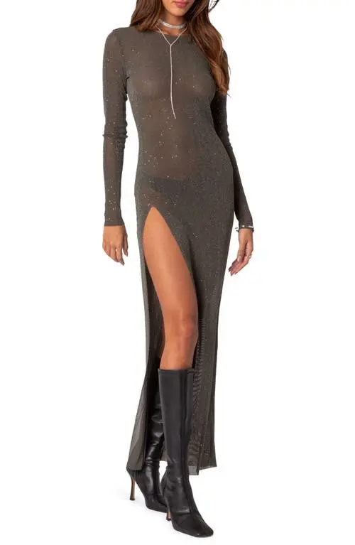 EDIKTED Glitter Side Slit Long Sleeve Maxi Dress - Olive