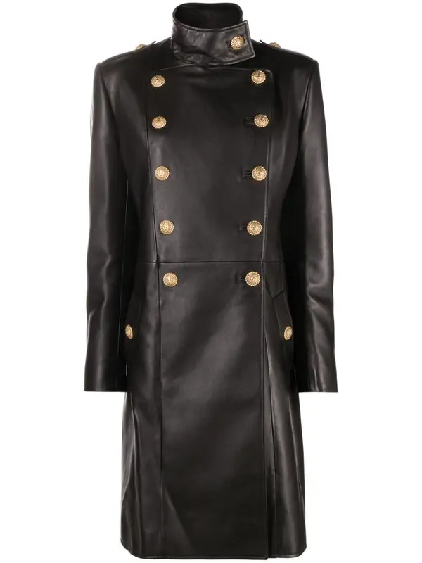 Balmain Double-breasted Leather Coat - Black | Editorialist