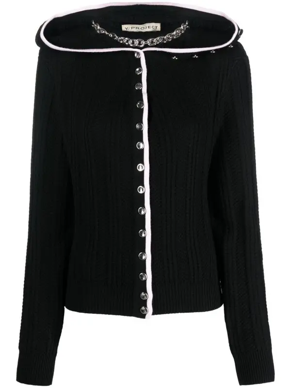 CLASSIC RUFFLE NECKLACE CARDIGAN Pink cardigan with ruffle