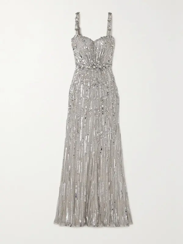 Jenny Packham Bright Gem Embellished Sequined Tulle Gown - Silver