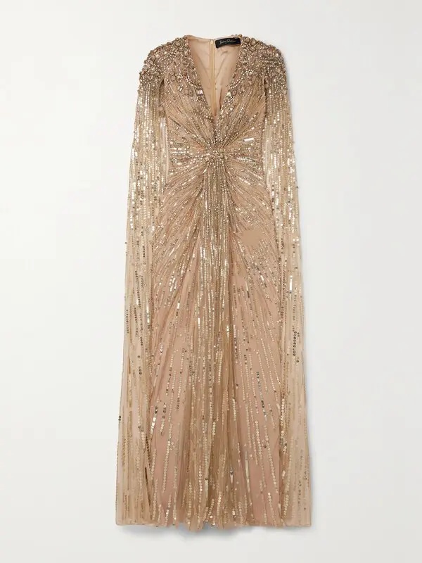 Jenny Packham Lotus Cape-effect Embellished Sequined Tulle Gown - Gold