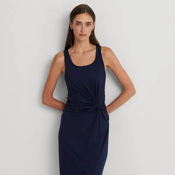 knee length blue chiffon dress Navy Blue Chiffon High Neck Dress