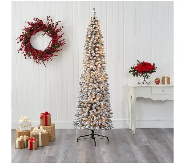 NEARLY NATURAL 7' Flocked Pencil Faux Christmas Tree W/ Lights