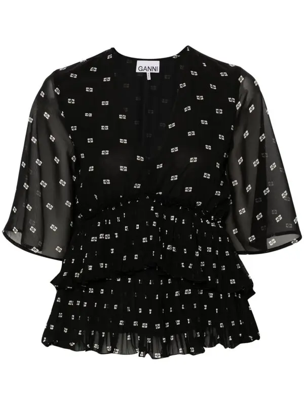 GANNI Graphic-print V-neck Blouse - Black