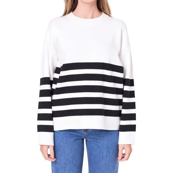 English Factory Stripe Crewneck Sweater - Ivory/black