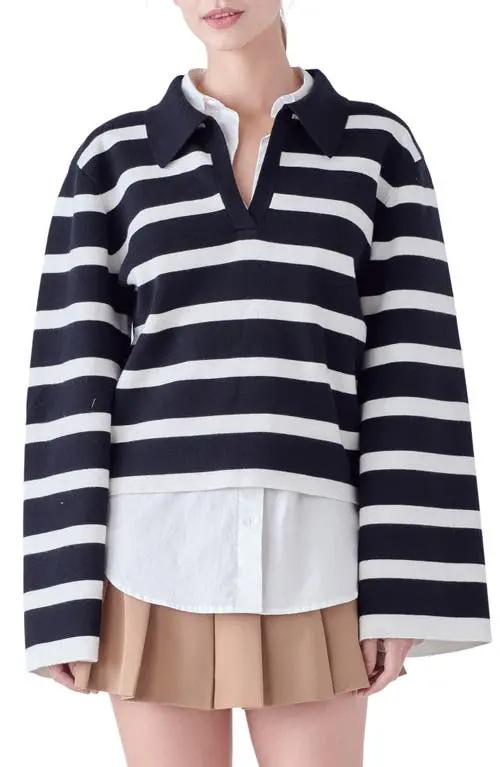 English Factory Stripe Crop Polo Sweater