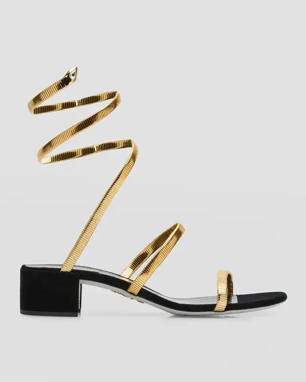 Rene Caovilla Snake-Wrap Sandals In Black/Gold 60% Off