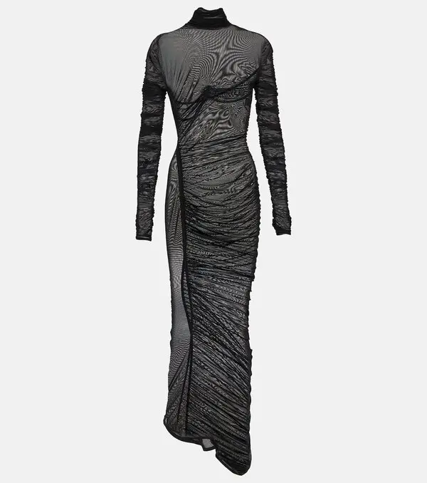 MUGLER Ruched Sheer Maxi Dress - Black
